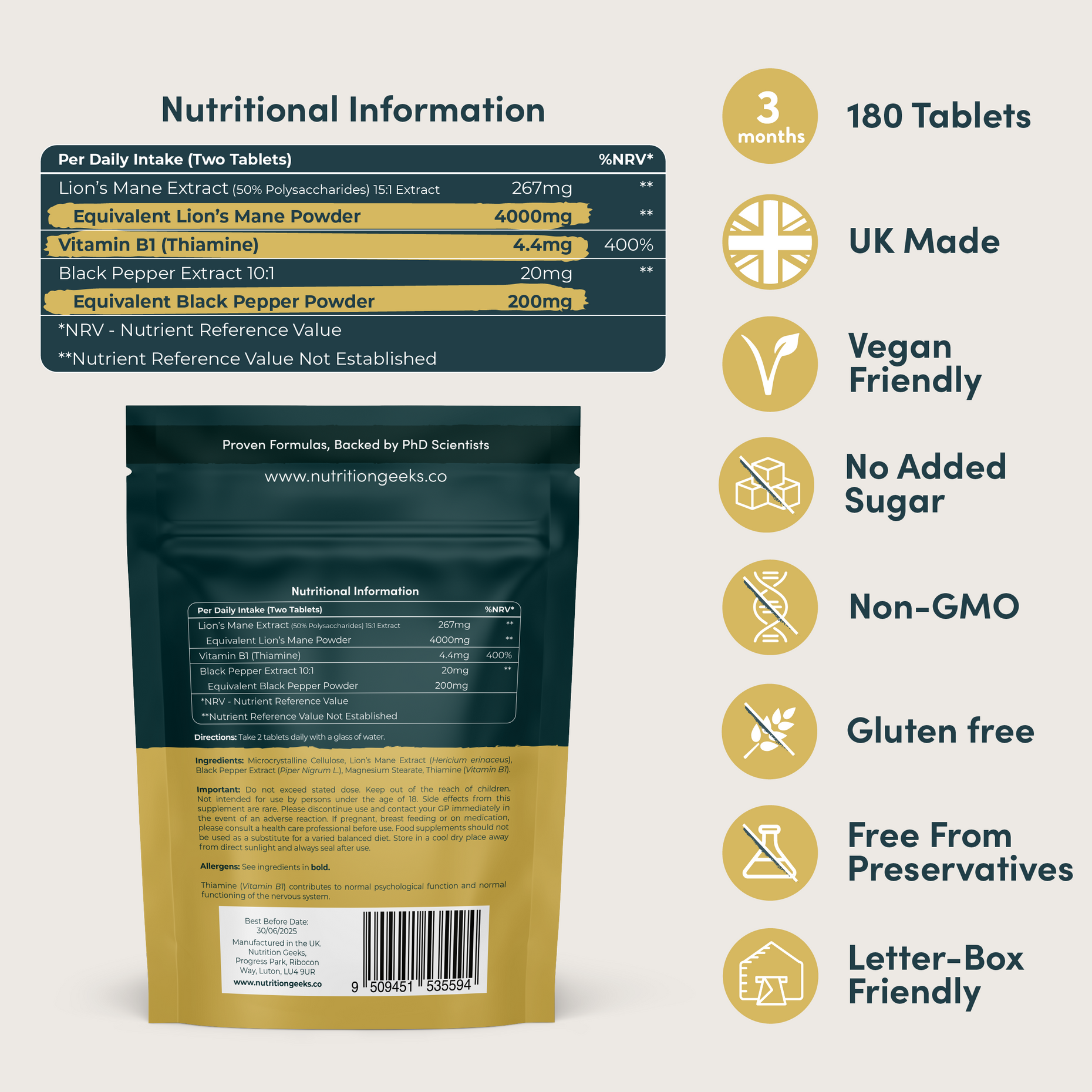 Lion's Mane Focus+ 4000mg Tablets | 3 Months Supply - Nutrition Geeks