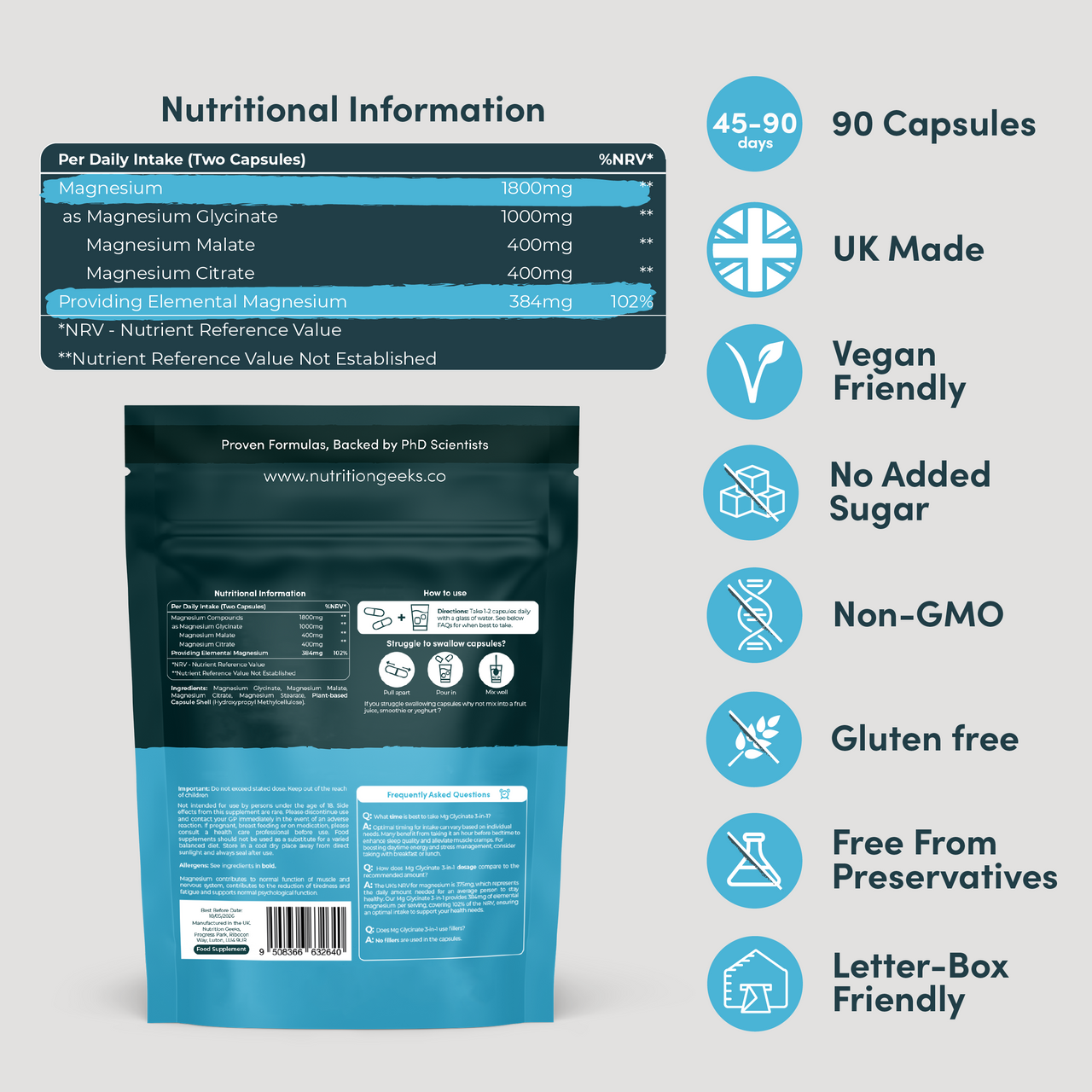Magnesium Glycinate 3-in-1 1800mg Capsules - Nutrition Geeks