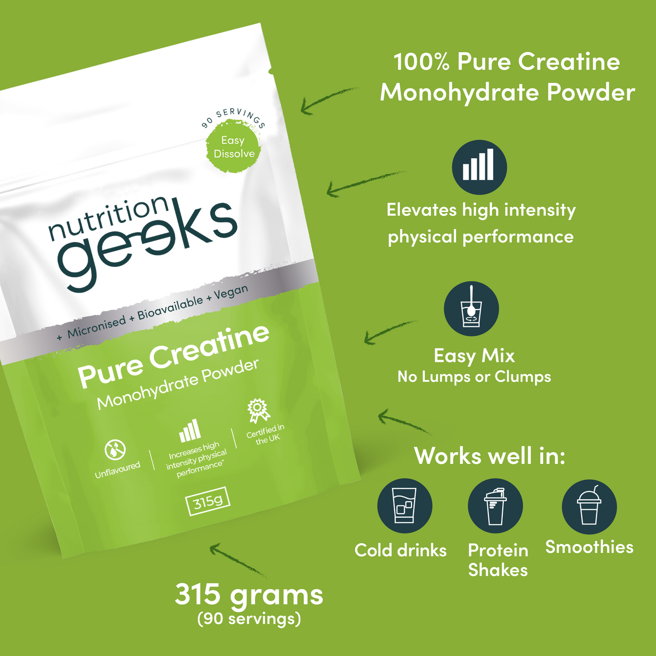 Pure Creatine Monohydrate Powder | 90 Servings - Nutrition Geeks