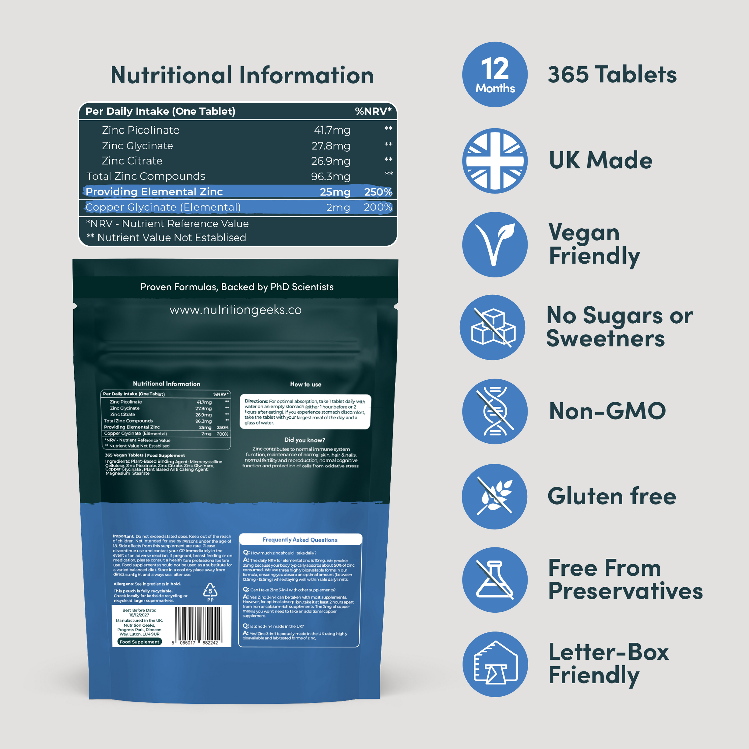 Zinc Picolinate 3-in-1 + Copper | 365 Tablets - Nutrition Geeks